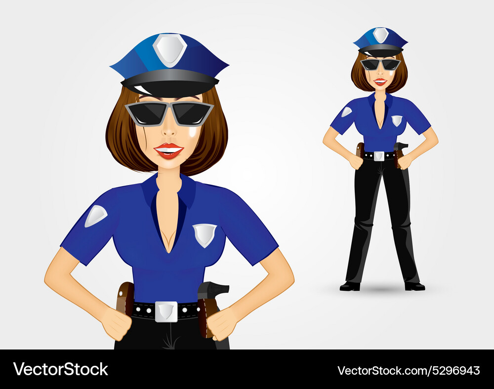 Beautiful strict policewoman holding hands on hips