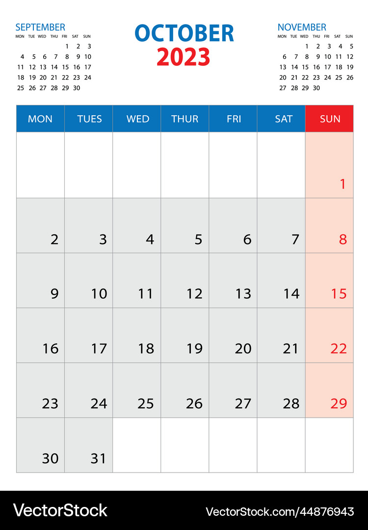 Calendar 2023 template - october 2023 year Vector Image