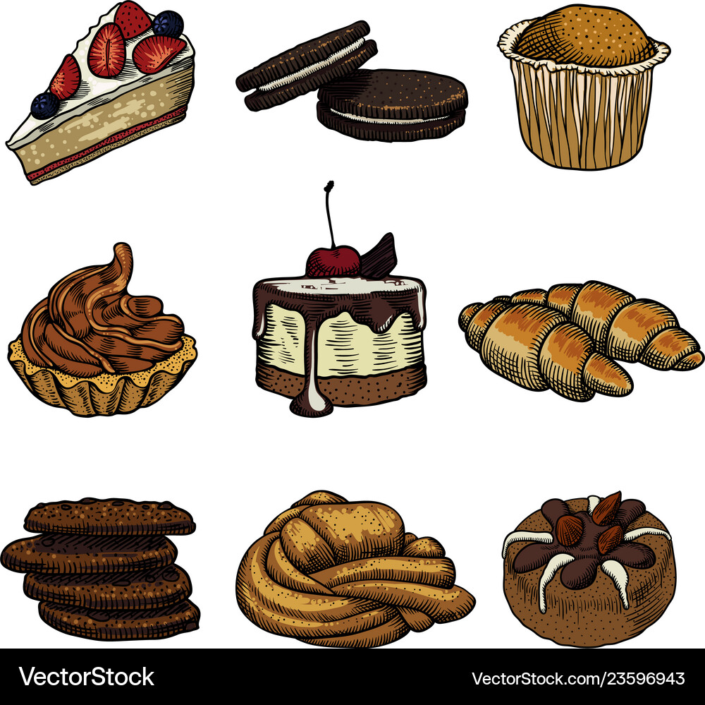 Set nine pastries and buns on a white Royalty Free Vector