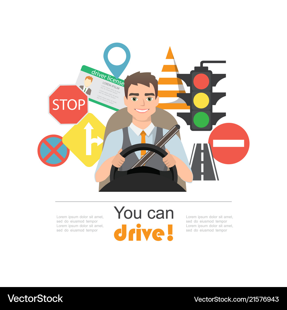Set traffic symbols and driver character Vector Image
