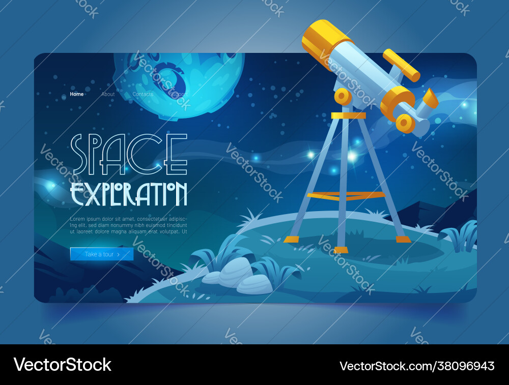 Space exploration banner with telescope on hill Vector Image