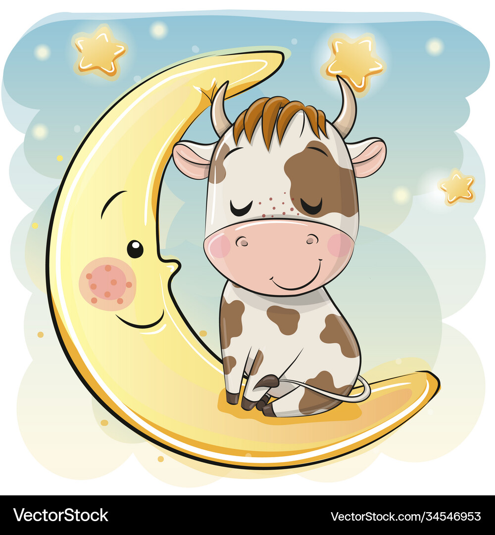 Cartoon bull is sleeping on moon Royalty Free Vector Image