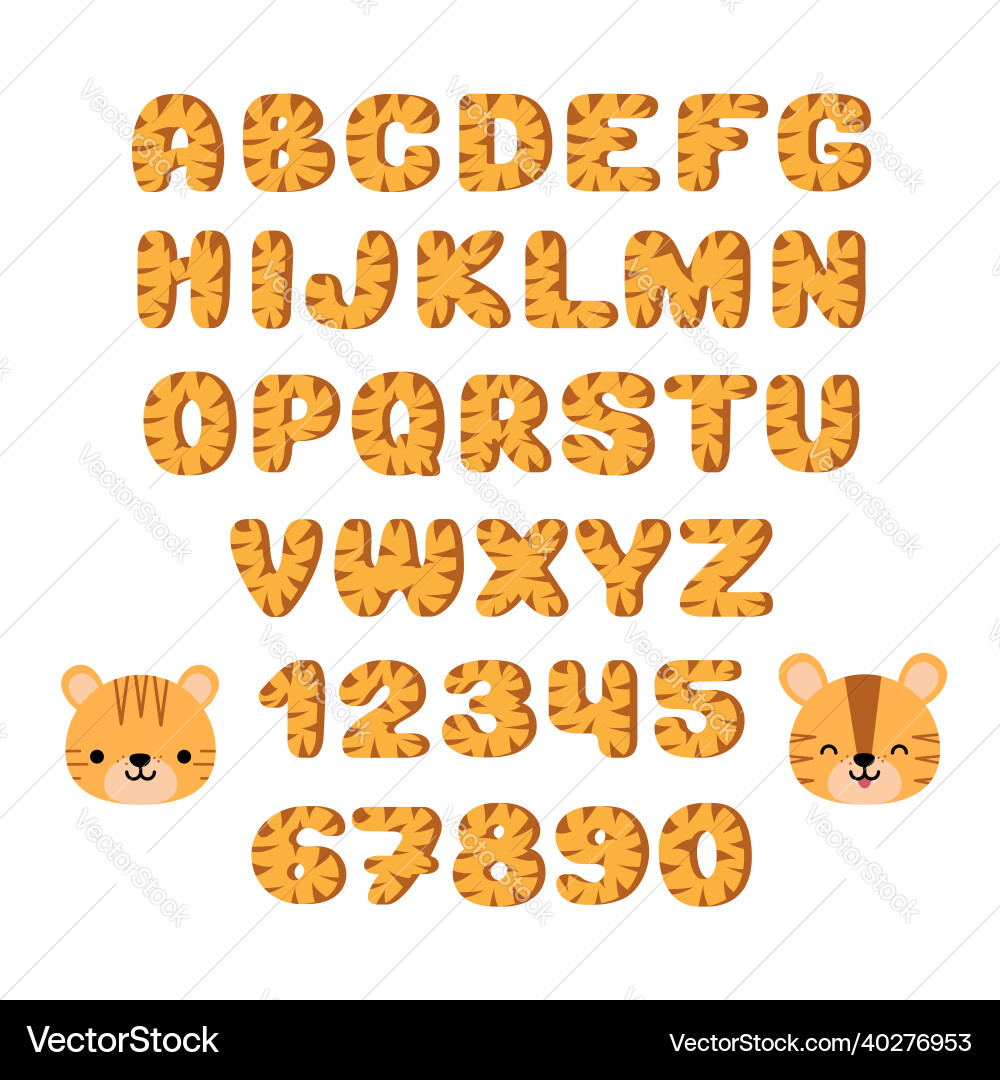 Tiger alphabet childish font Royalty Free Vector Image