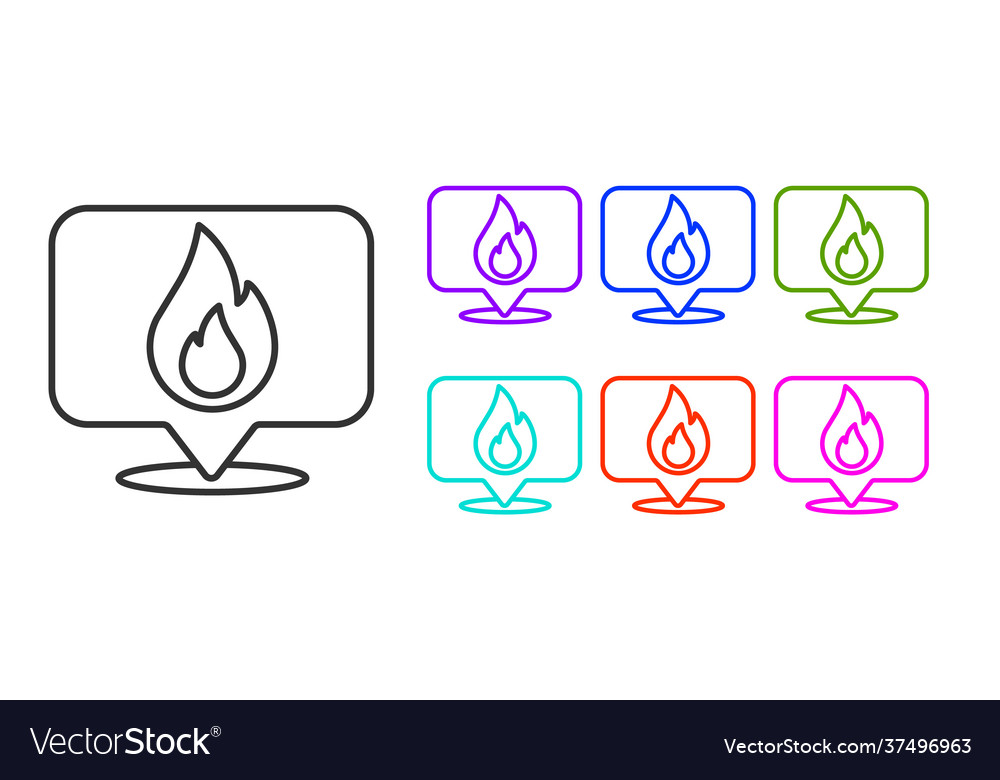 Black line map pointer with fire flame icon Vector Image