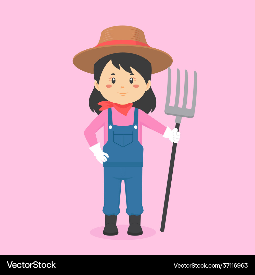 Cartoon character farmer holding rake Royalty Free Vector