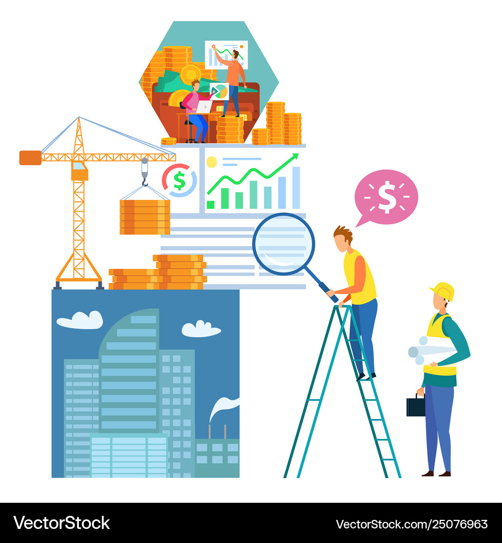 Cartoon man builder explore profit diagram growth Vector Image
