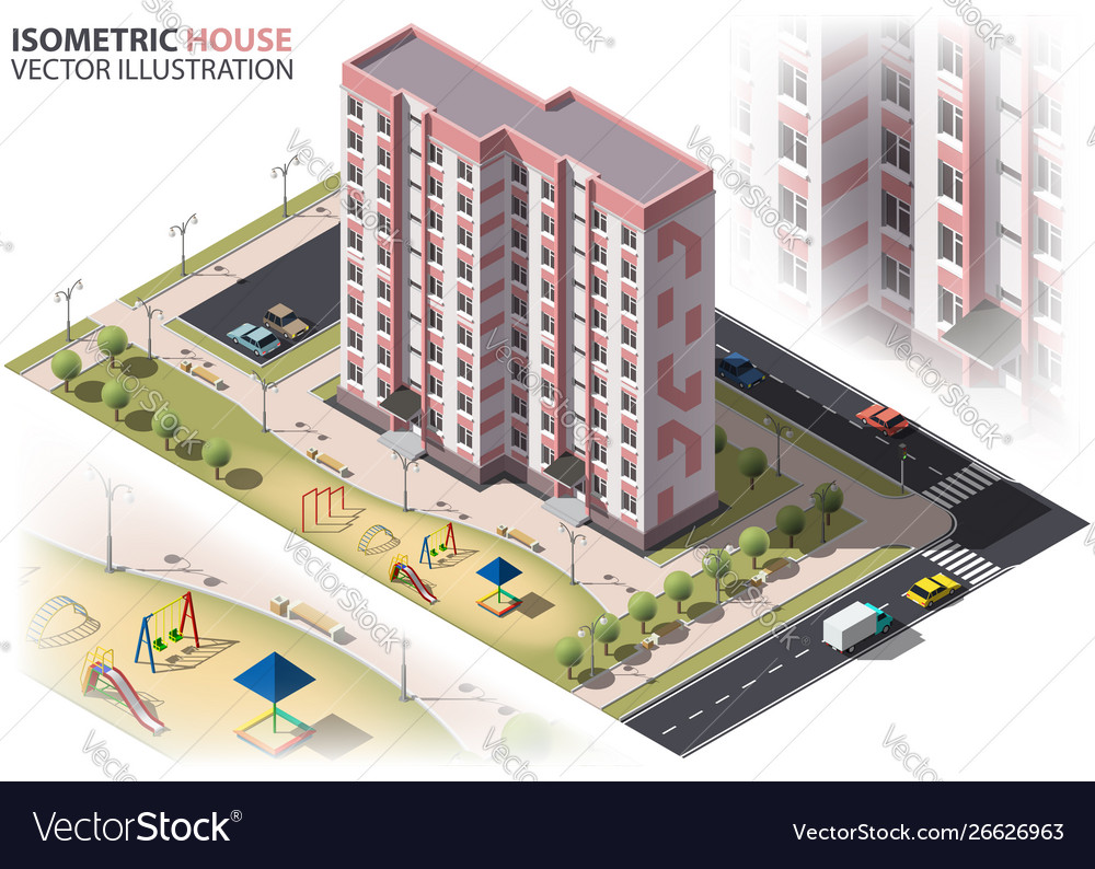Public residential nine-storey building isometry Vector Image