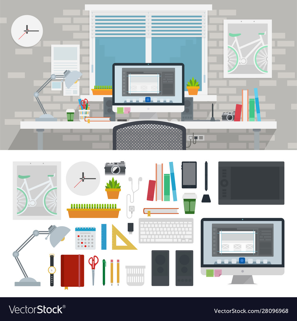Set designer workspace icons flat Royalty Free Vector Image