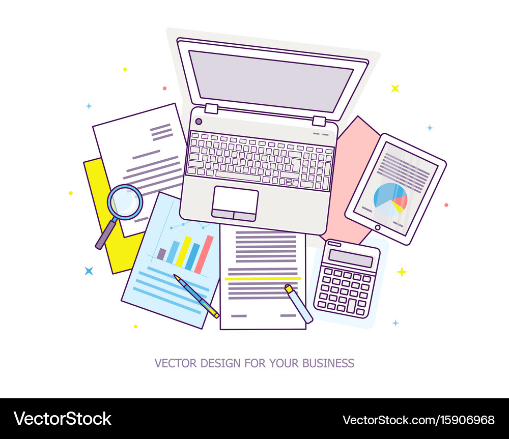 Top view of workplace with documents and laptop Vector Image