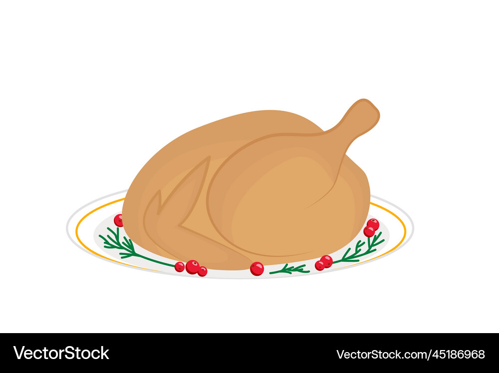 Turkey on plate baked flat cartoon Royalty Free Vector Image