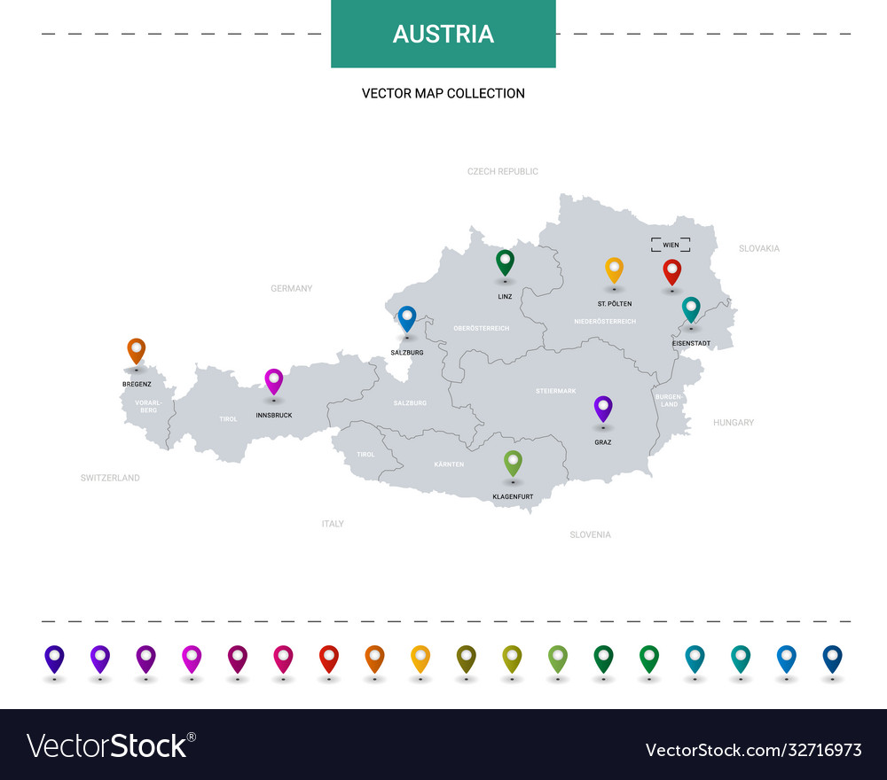Austria map with location pointer marks Royalty Free Vector