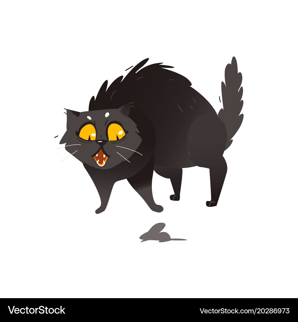 Cute fluffy fat black cat scared little mouse Vector Image