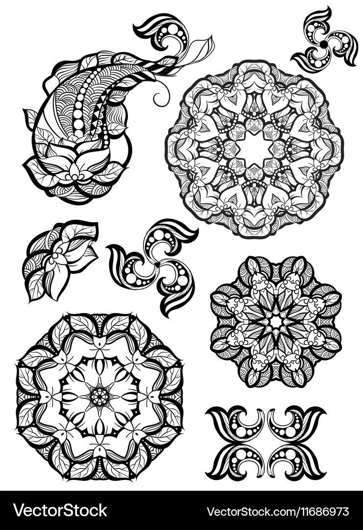 Hand-drawn mehendi ornamental elements and mandala