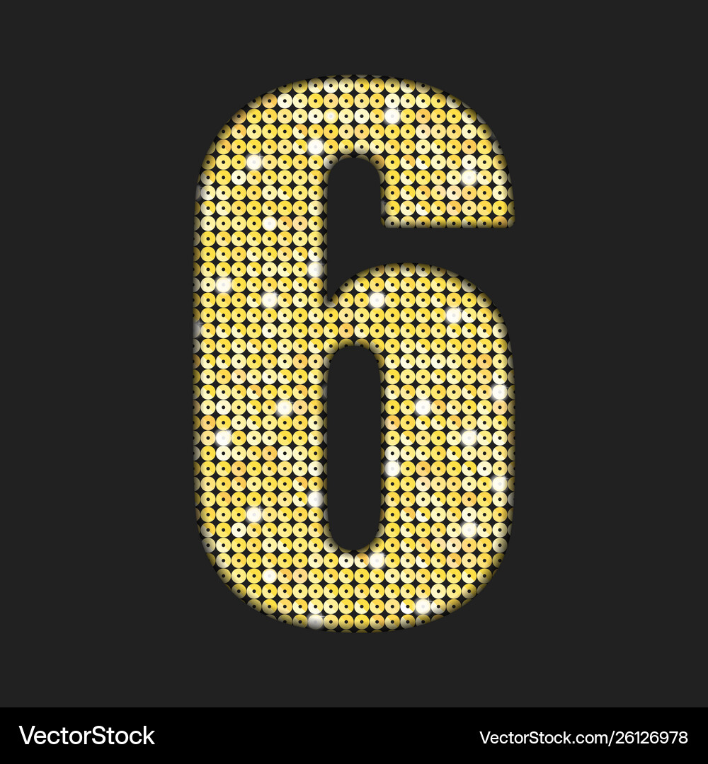 Gold sequins number - six glitter font Royalty Free Vector