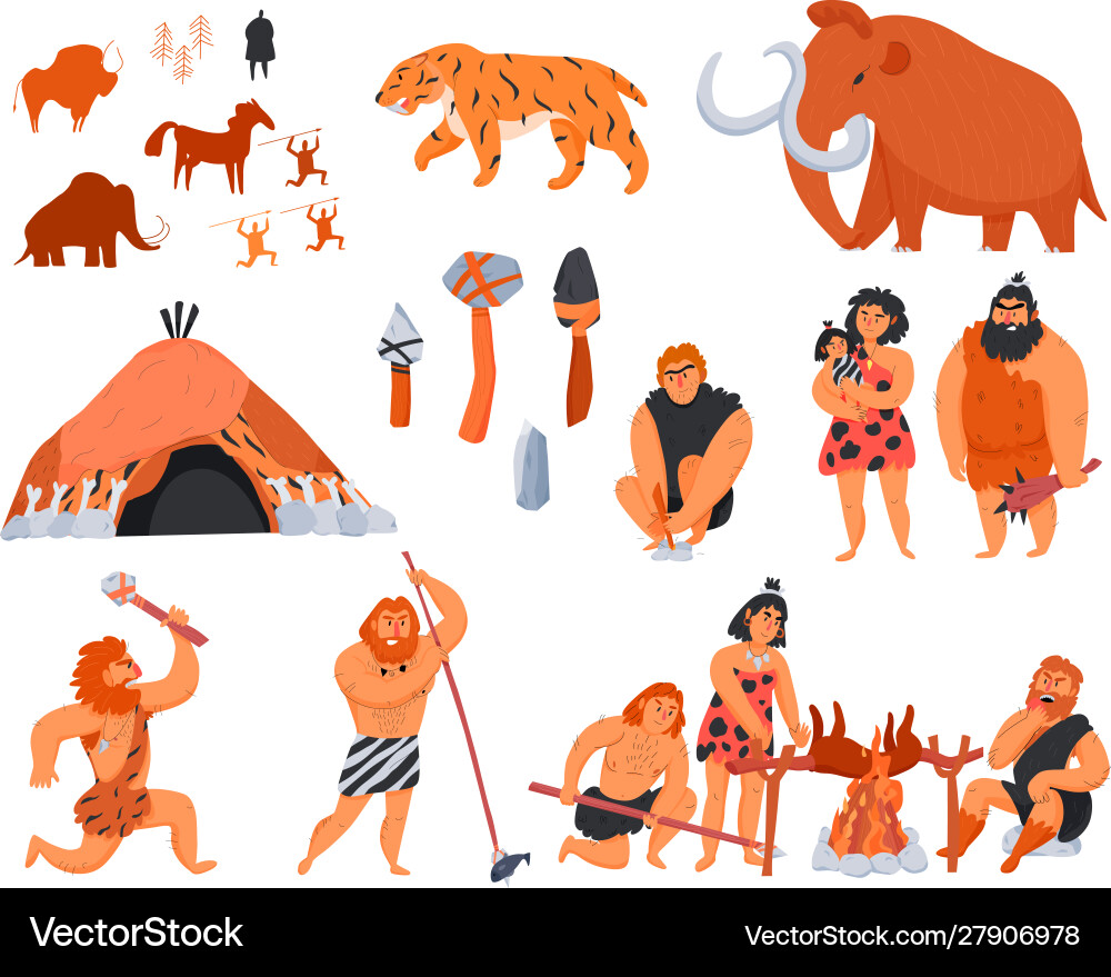 Primitive men cartoon icons set Royalty Free Vector Image