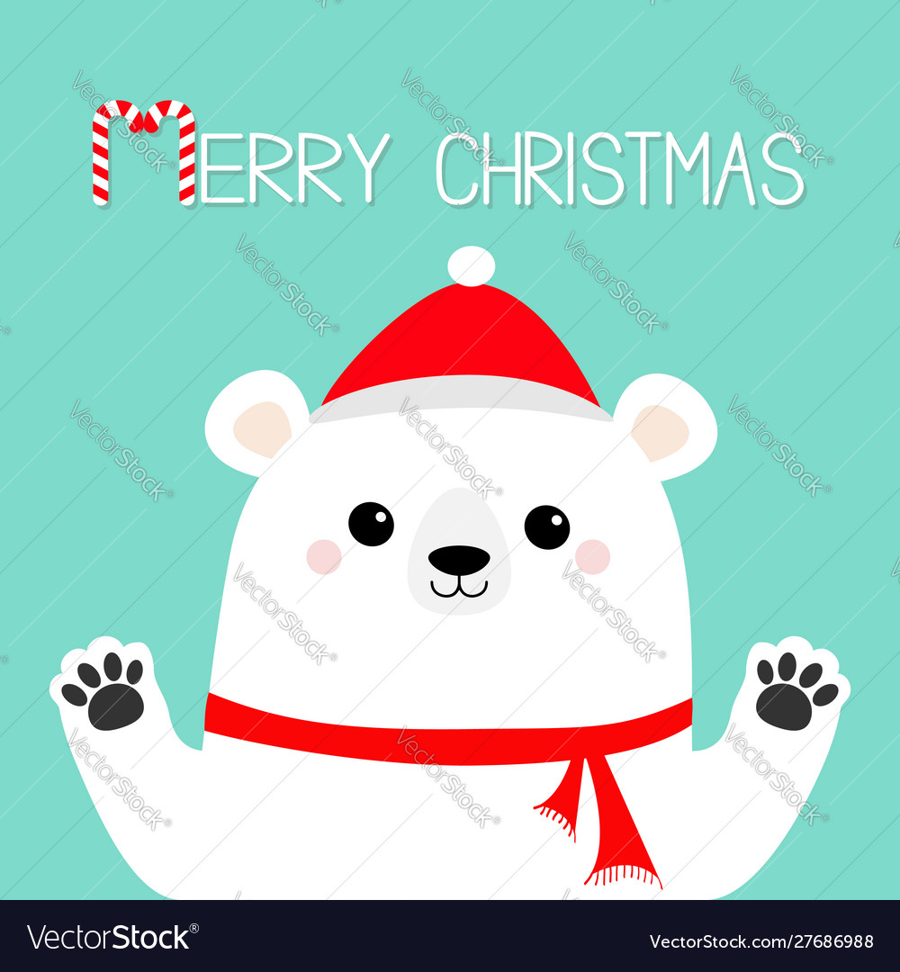Merry Christmas White Polar Bear Holding Hands Vector Image