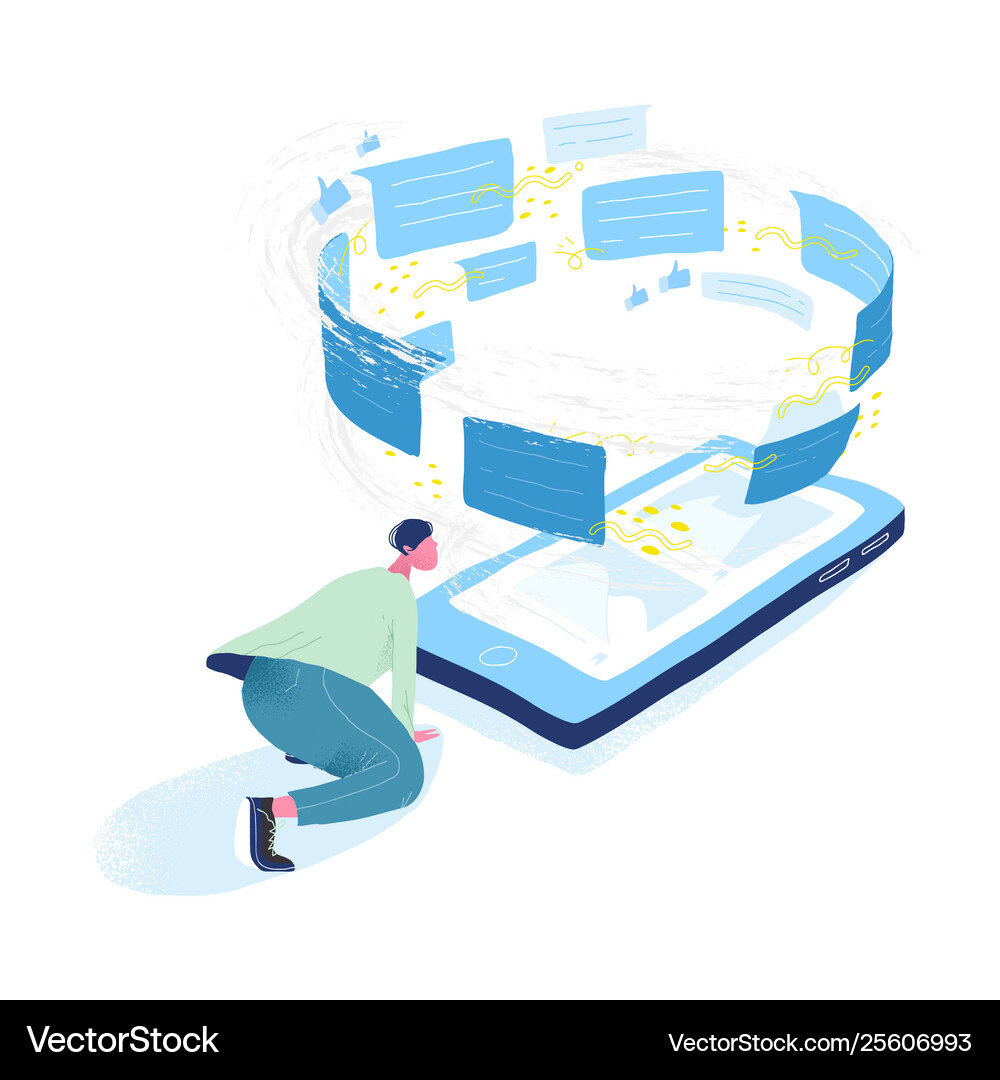 Guy looking at giant mobile phone and tornado Vector Image