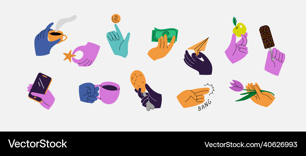 Set of colorful hands holding various stuff Vector Image