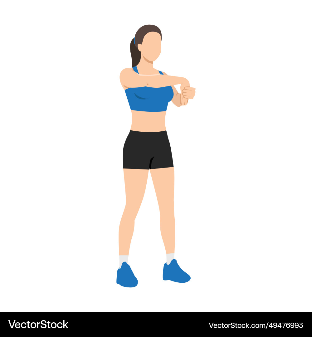 Woman doing standing palm down wrist stretch Vector Image