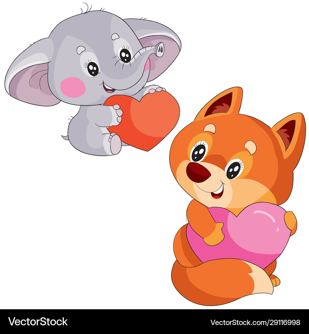Set elephant and fox holding big red hearts Vector Image
