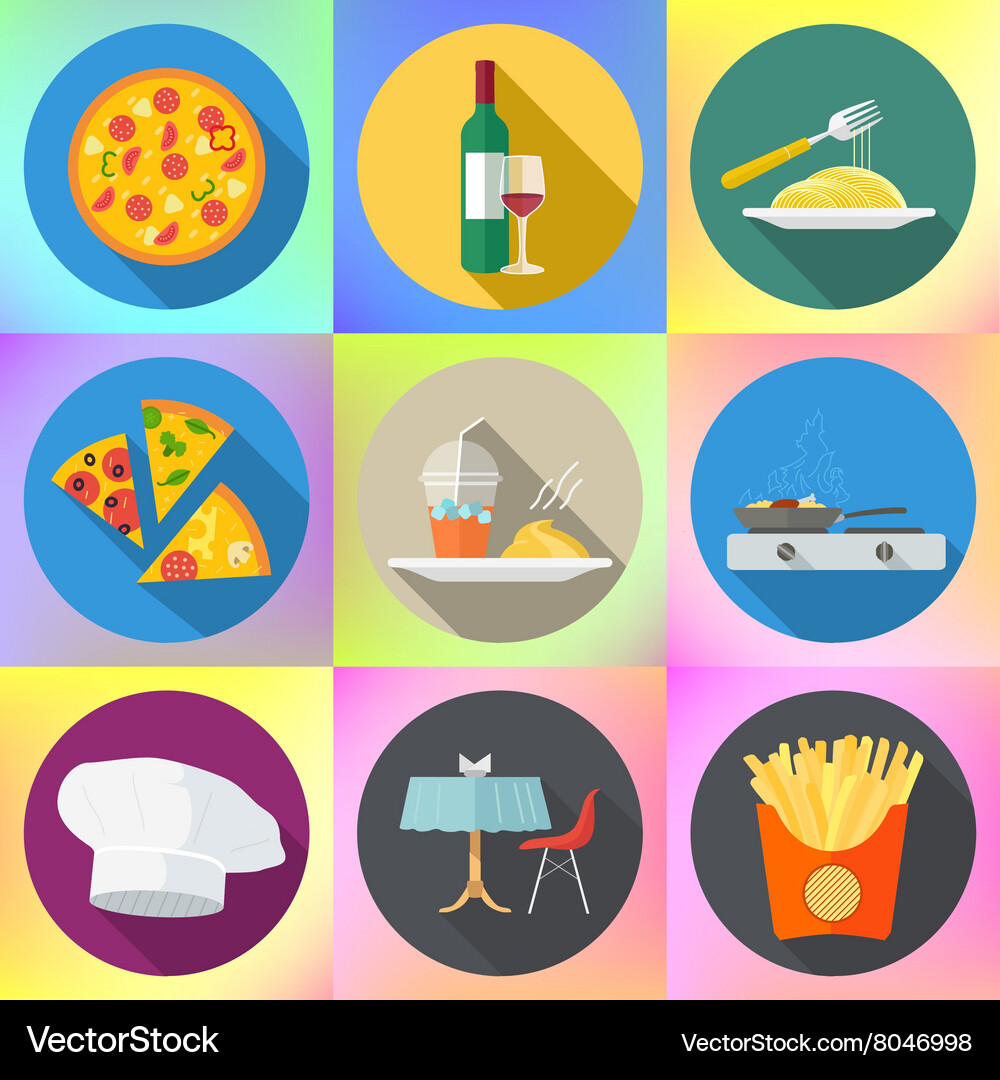 Set restaurant kitchen food icons Royalty Free Vector Image