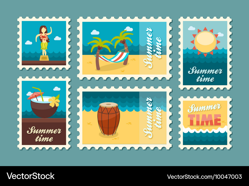 Island beach stamp set summer vacation Royalty Free Vector