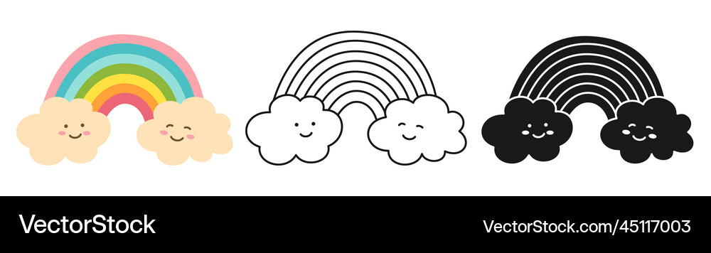 Rainbow cloud icon kids set line silhouette symbol