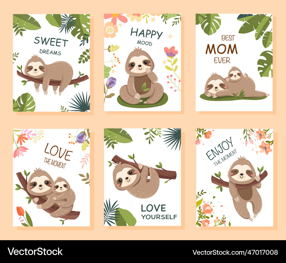 Cute sloths set of banners Royalty Free Vector Image