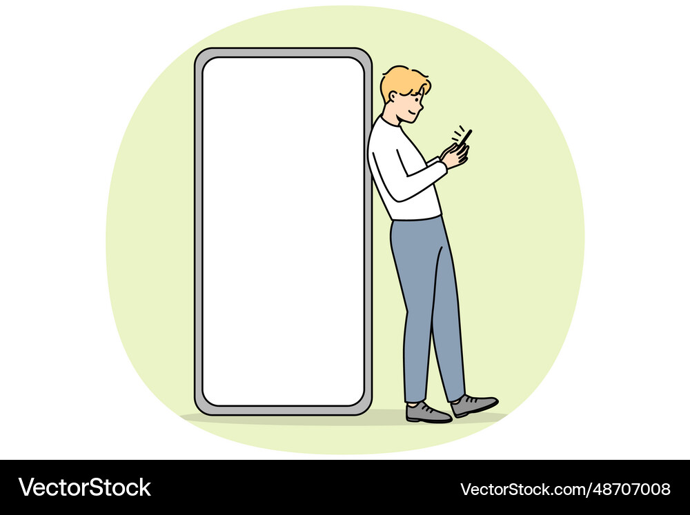 Young man near huge cell with mockup screen Vector Image