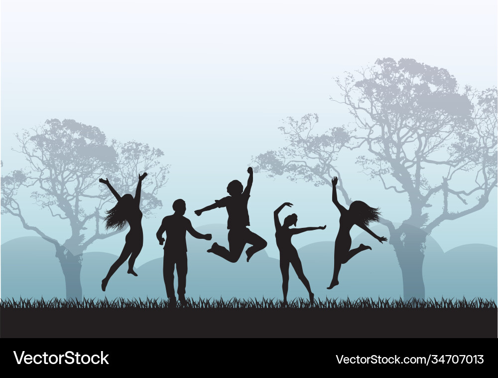 Joyful people are jumping in meadow Royalty Free Vector