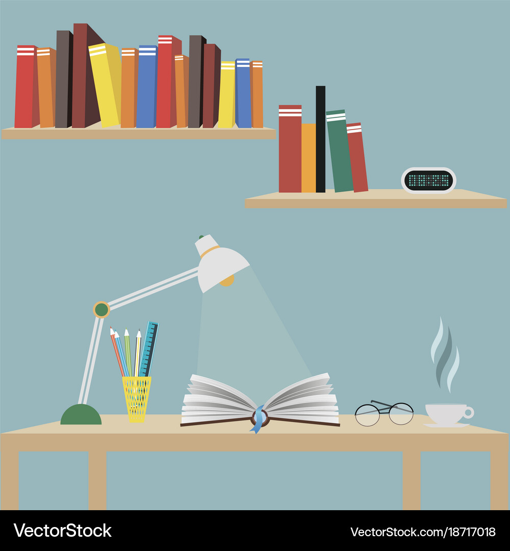 One open book on the table light of desk Vector Image