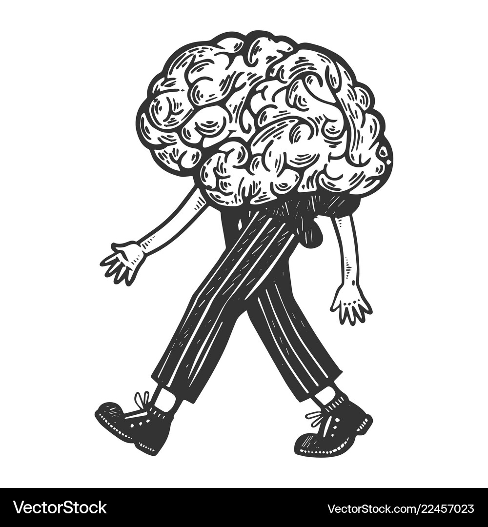 Human brain walks on its feet engraving Royalty Free Vector