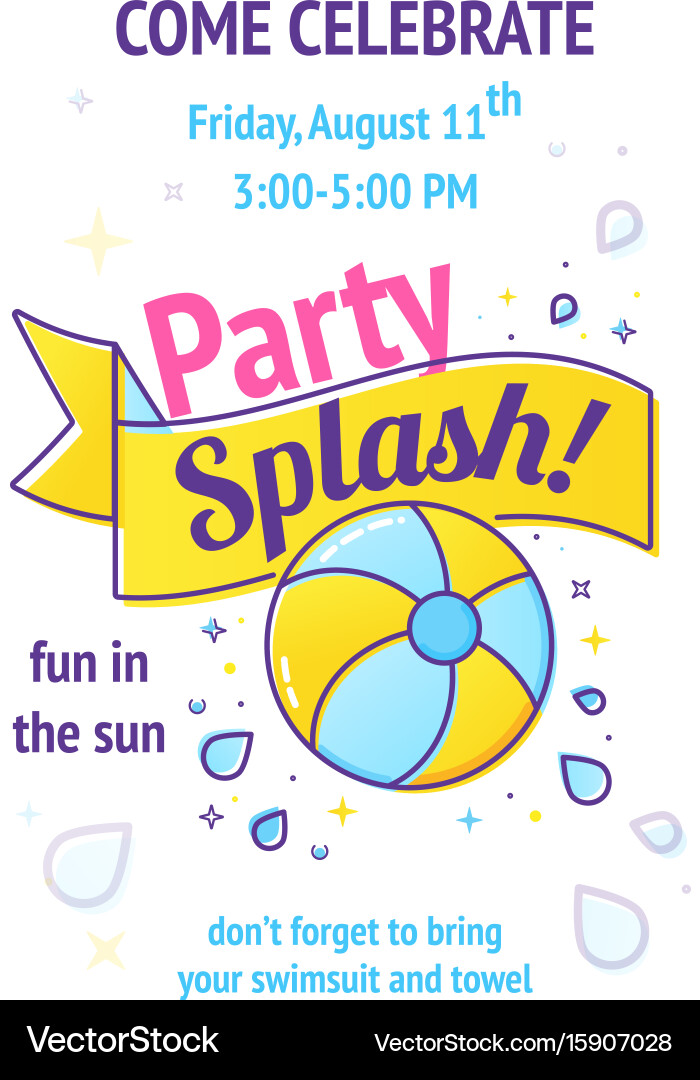 Pool party poster with inflatable ball and splash Vector Image