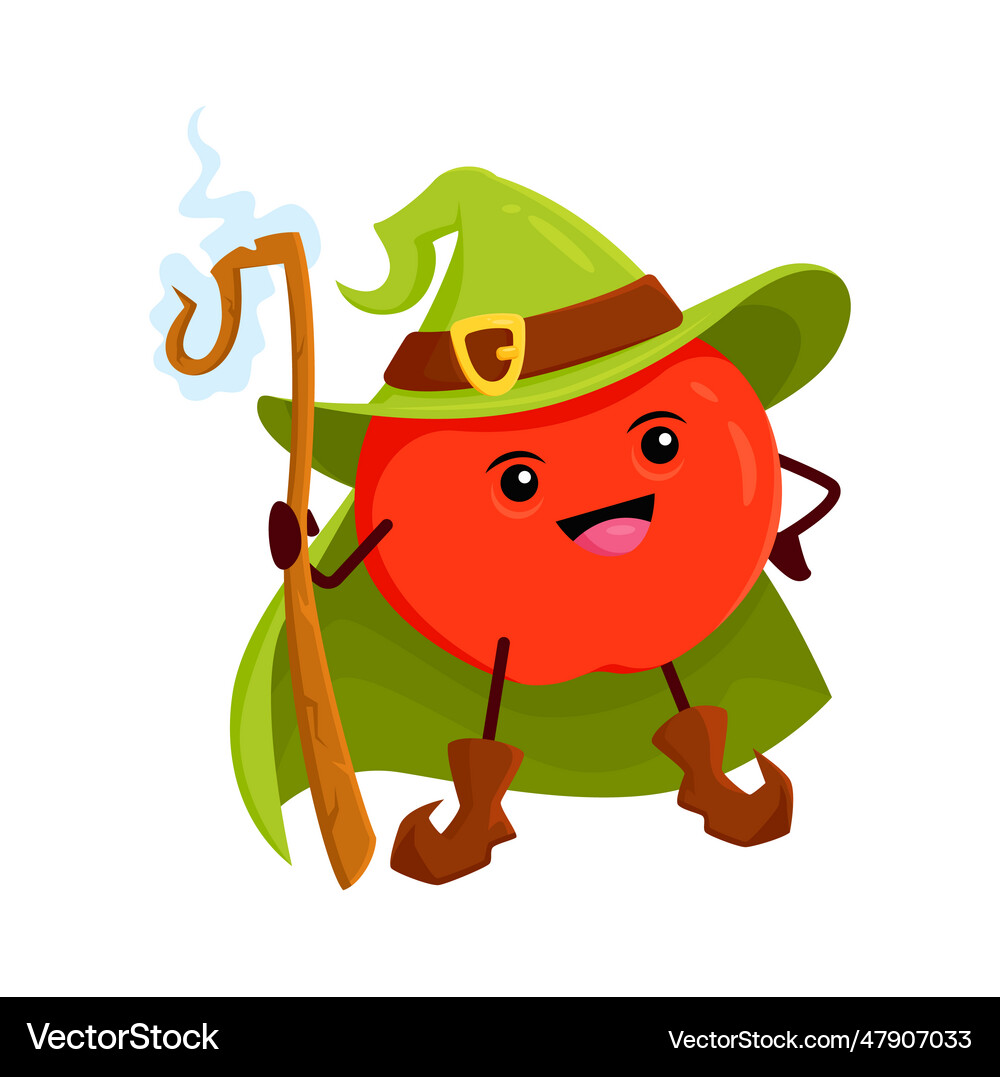 Cartoon red apple fruit wizard magician character Vector Image