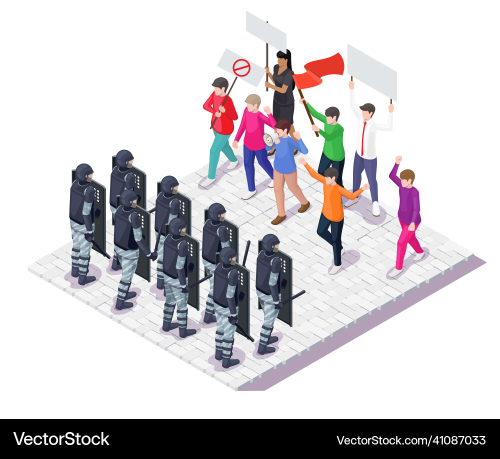 Protesters with placards police riot shields Vector Image