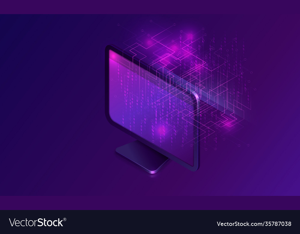 Computer with big data stream isometric banner Vector Image