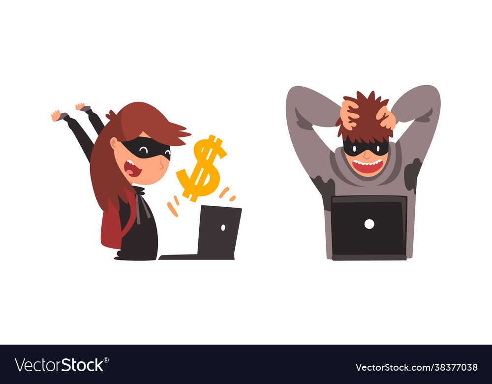 Hacker man and woman in hoody and mask stealing Vector Image