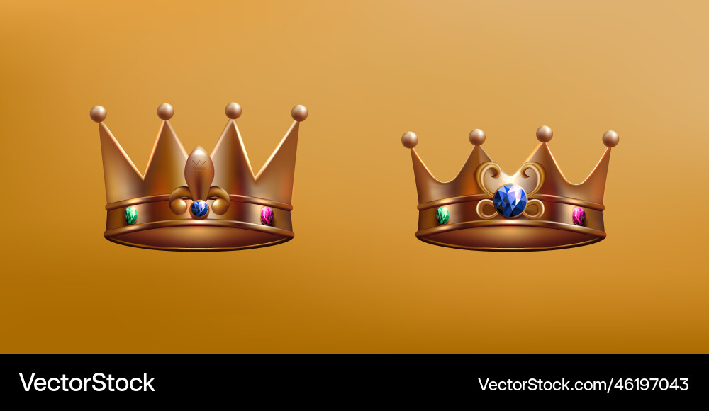 3d golden king and queen crown gems on monarchy Vector Image