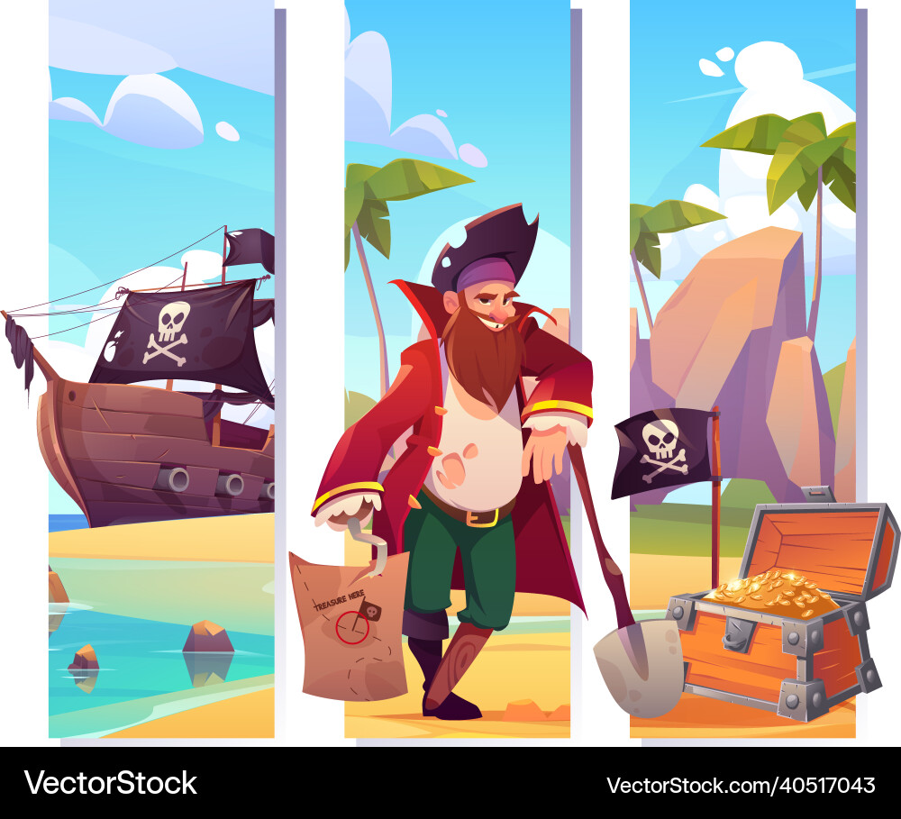 Bookmarks with pirate treasure chest and ship Vector Image