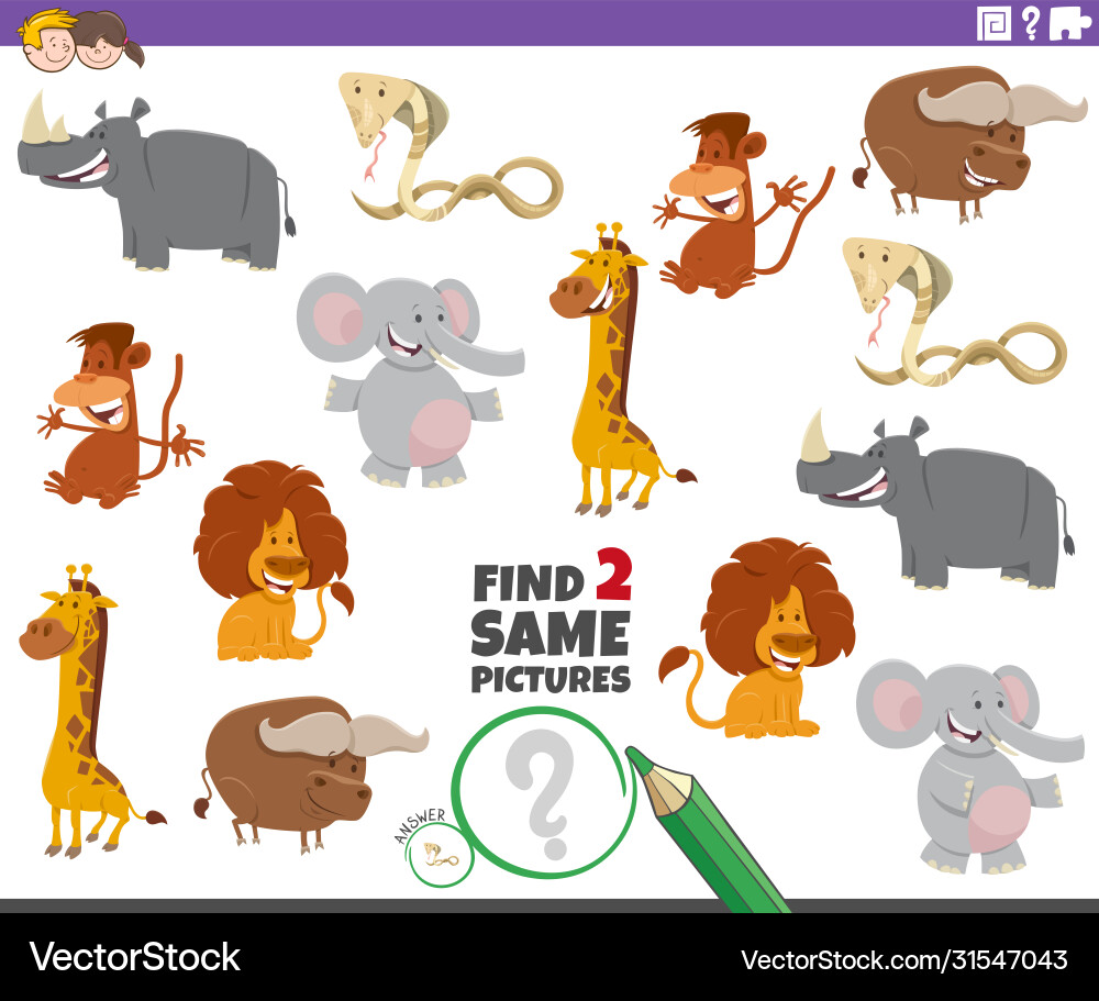 Find two same animals picture game for kids Vector Image