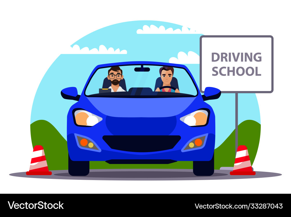 Man and instructor in car during driving lesson Vector Image
