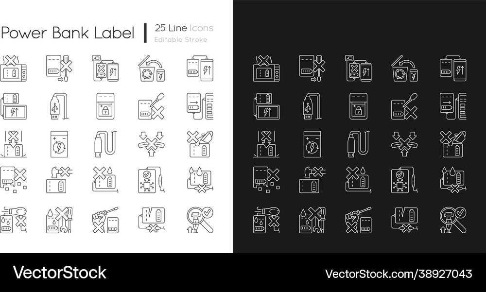 Power bank usage linear manual label icons set Vector Image