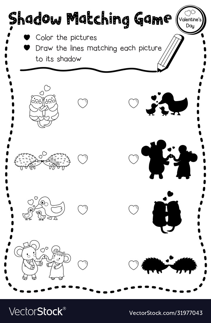 Shadow matching game valentine lover coloring Vector Image