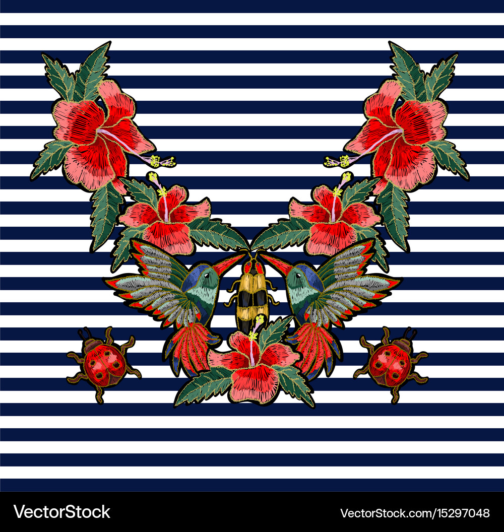 Embroidery hummingbird hibiscus Royalty Free Vector Image