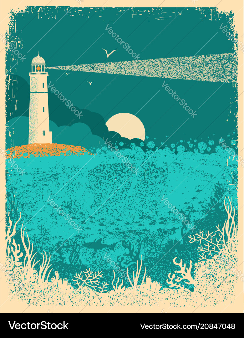 Lighthouse on sunset with sea wavesunderwater sea Vector Image