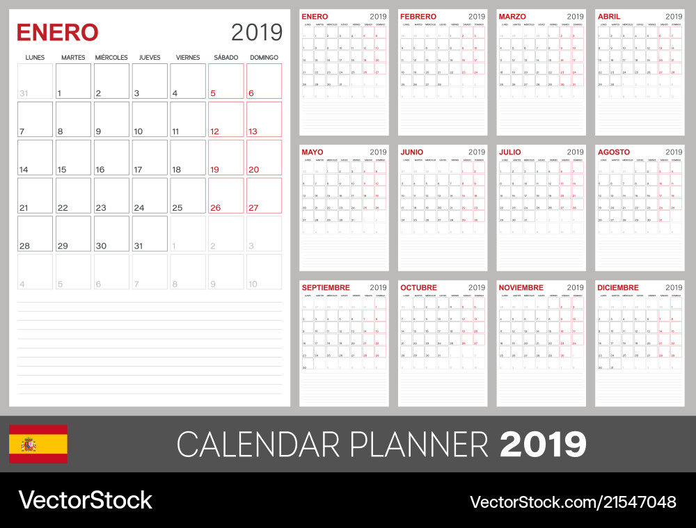 Spanish calendar 2019 Royalty Free Vector Image
