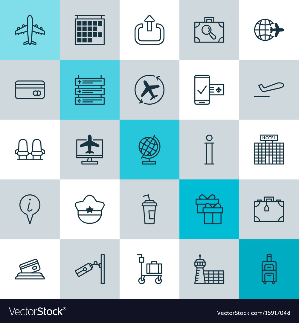 Traveling icons set collection of plane schedule Vector Image