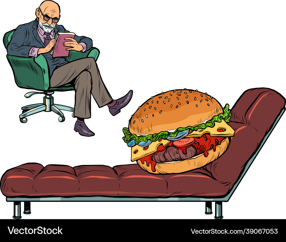 A psychotherapy session with burger overeating Vector Image