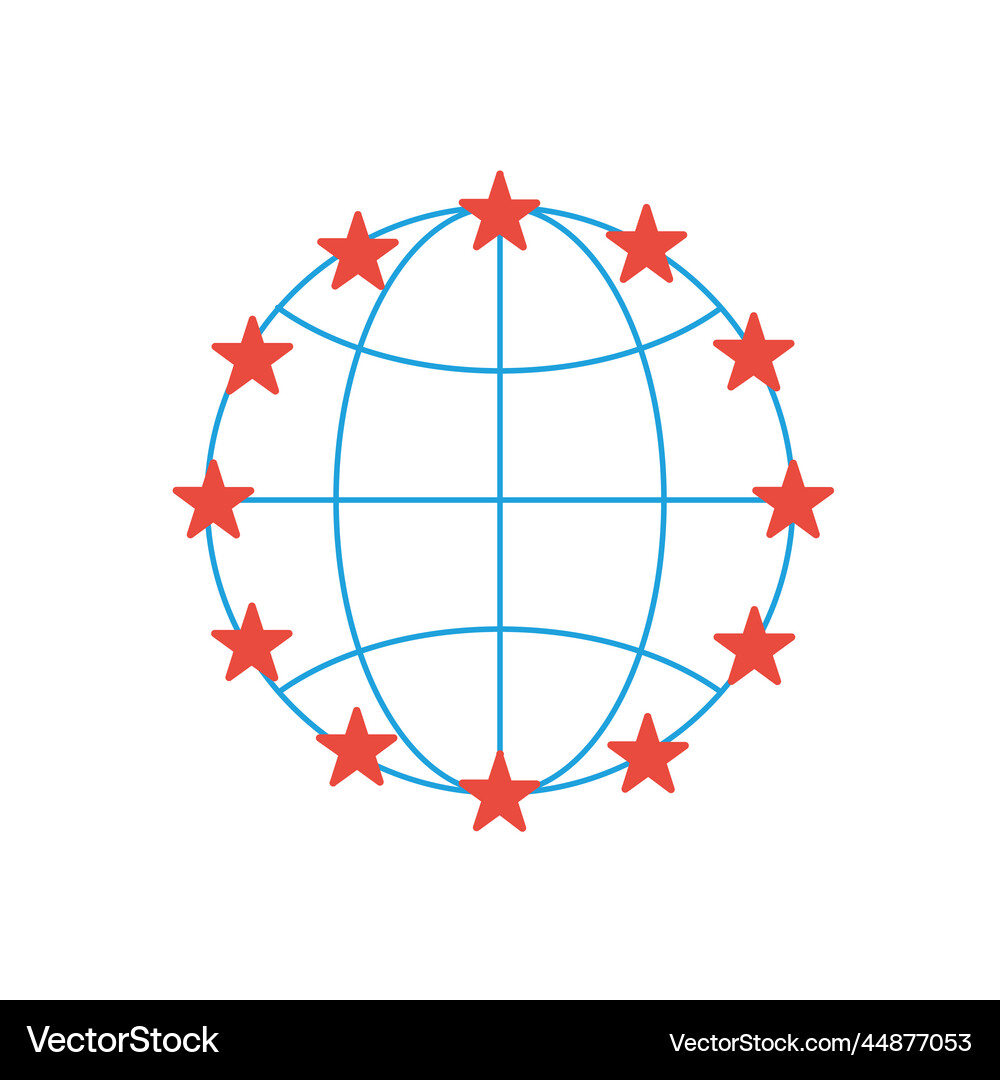 Blue linear globe grid with ring of stars around Vector Image