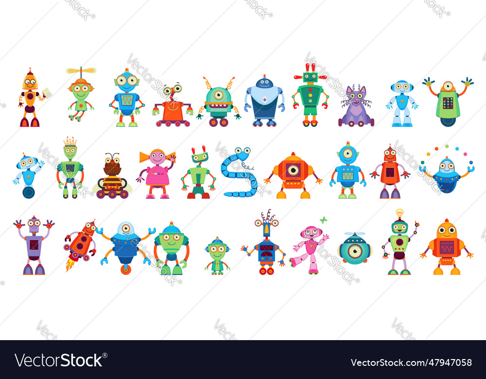 Cartoon robot droid characters android cyborgs Vector Image